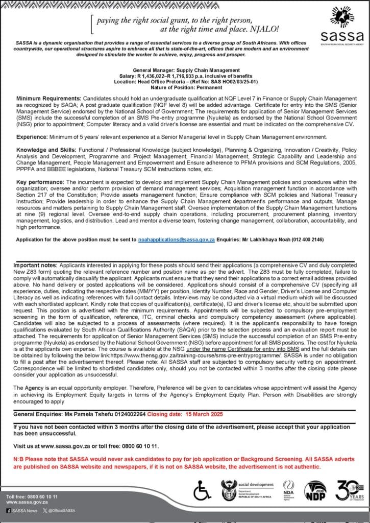 SASSA Opens Applications for General Manager in Supply Chain